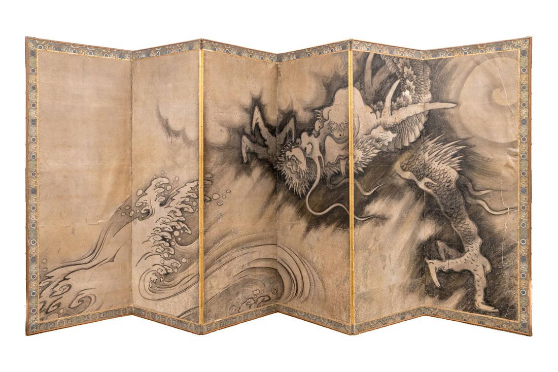 Fine Antique Japanese Six Panel Screen, Three Claw Dragon Auction