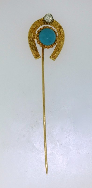 VICTORIAN 14k TURQUOISE & DIAMOND HORSESHOE STICK PIN