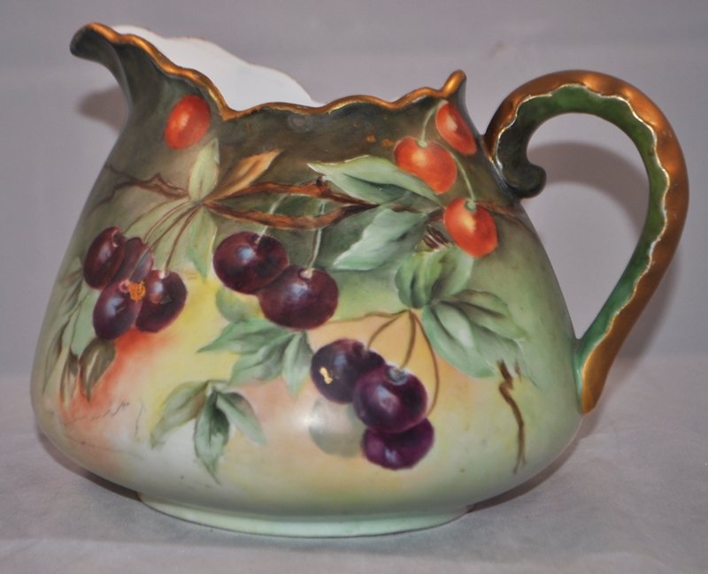 RARE 1902 JAEGER CO HD PAINTED PORCELAIN CIDER PITCHER