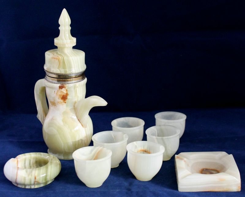 VTG ARABIC GREEN ONYX TEA POT / SET WITH CUPS + MORE