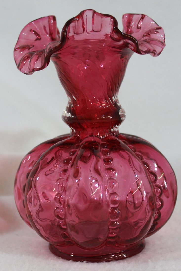 1980s FENTON RUBY OVERLAY DOT OPTIC RING NECK VASE XW