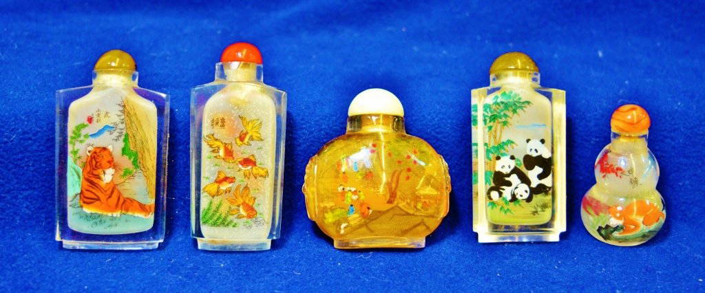 1970s 80s (5) Cased Chinese Hand Painted Snuff Bottles