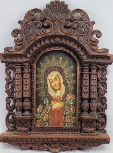 Spanish Colonial Madonna Retablo In Ornate Frame