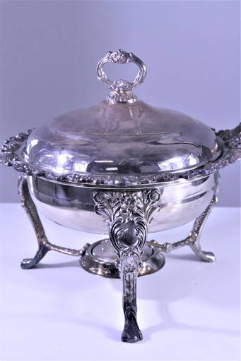 Vintage Silver Plate Chafing Dish Set, Wood Handle