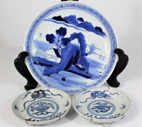 3 Antique Japanese Blue And White Plates