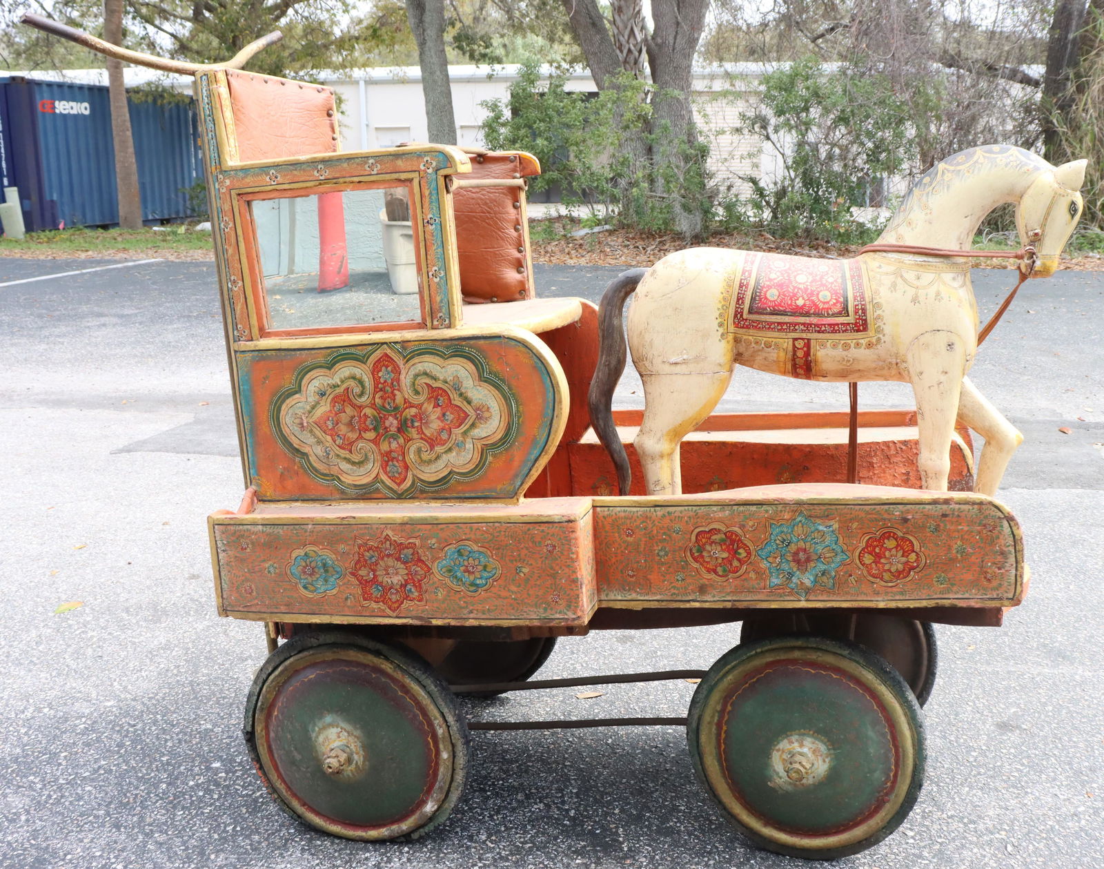 Antique Rajasthan Indian Push Cart W Horse