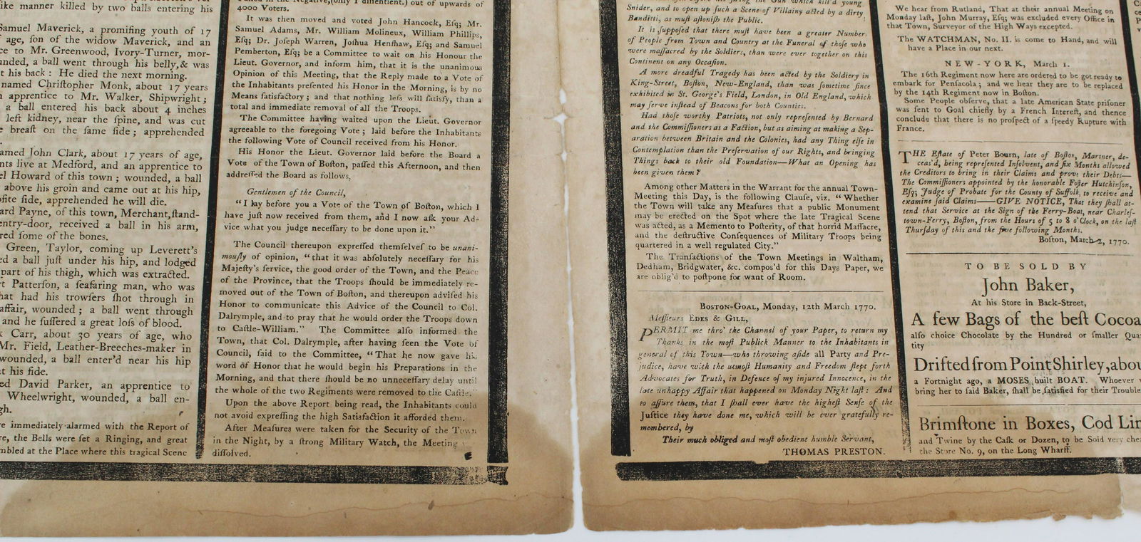 Newspaper Account Of Boston Massacre 1770 Auction