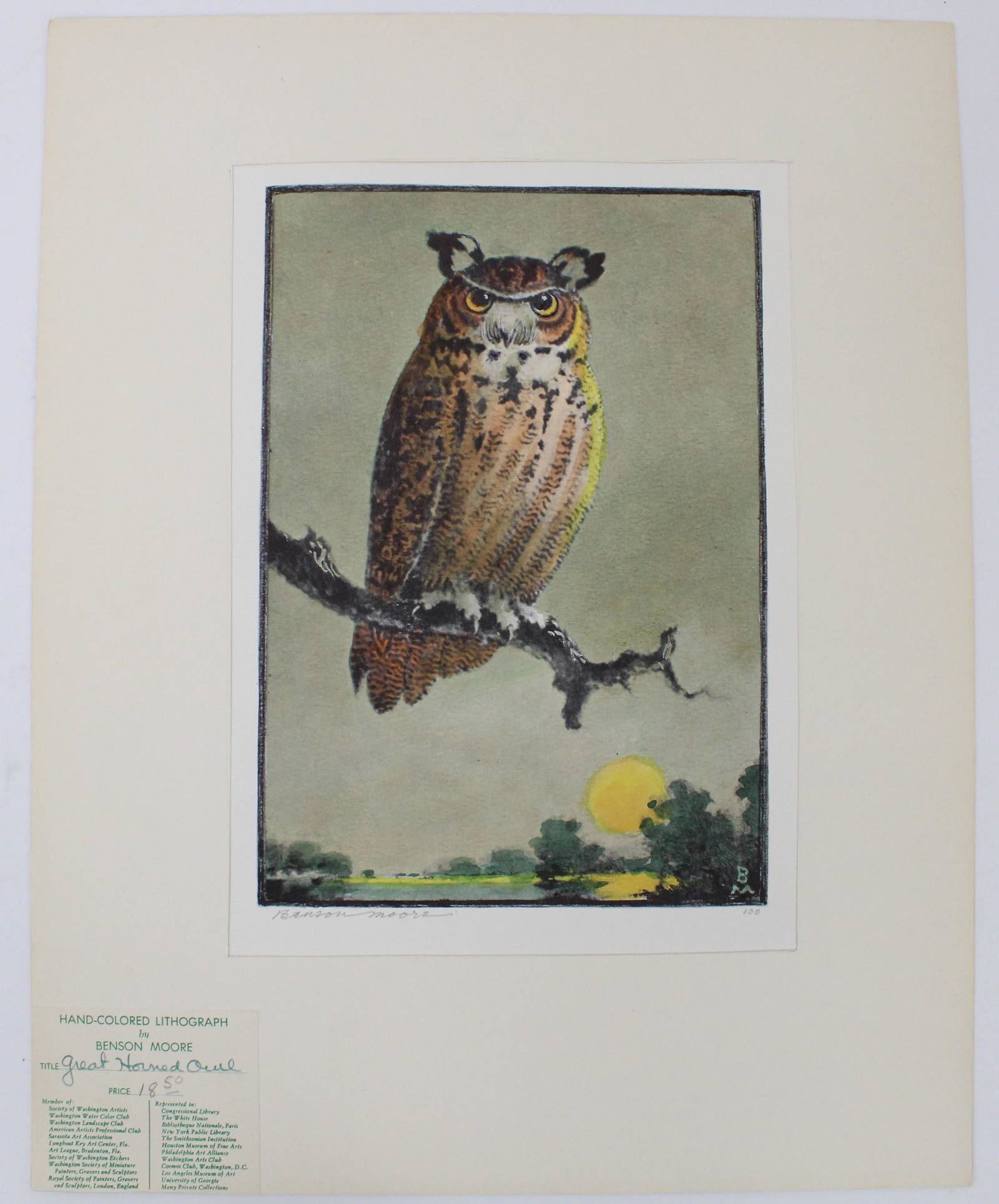 Benson Moore(1882-1974) Usa, Owl Lithograph Auction