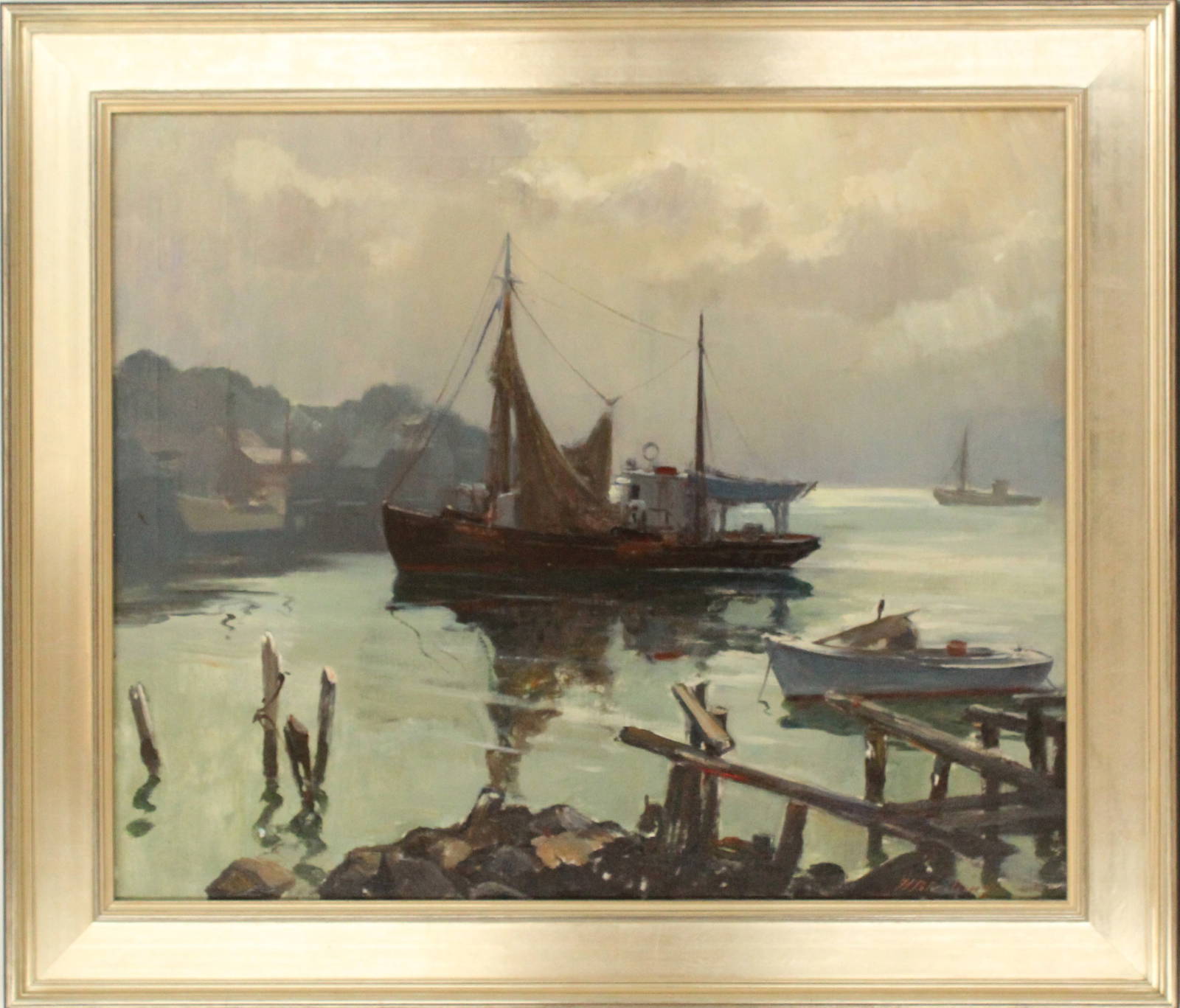 Harry Ballinger (1892 - 1993) American, Oil On Canvas Boat At Harbor ...