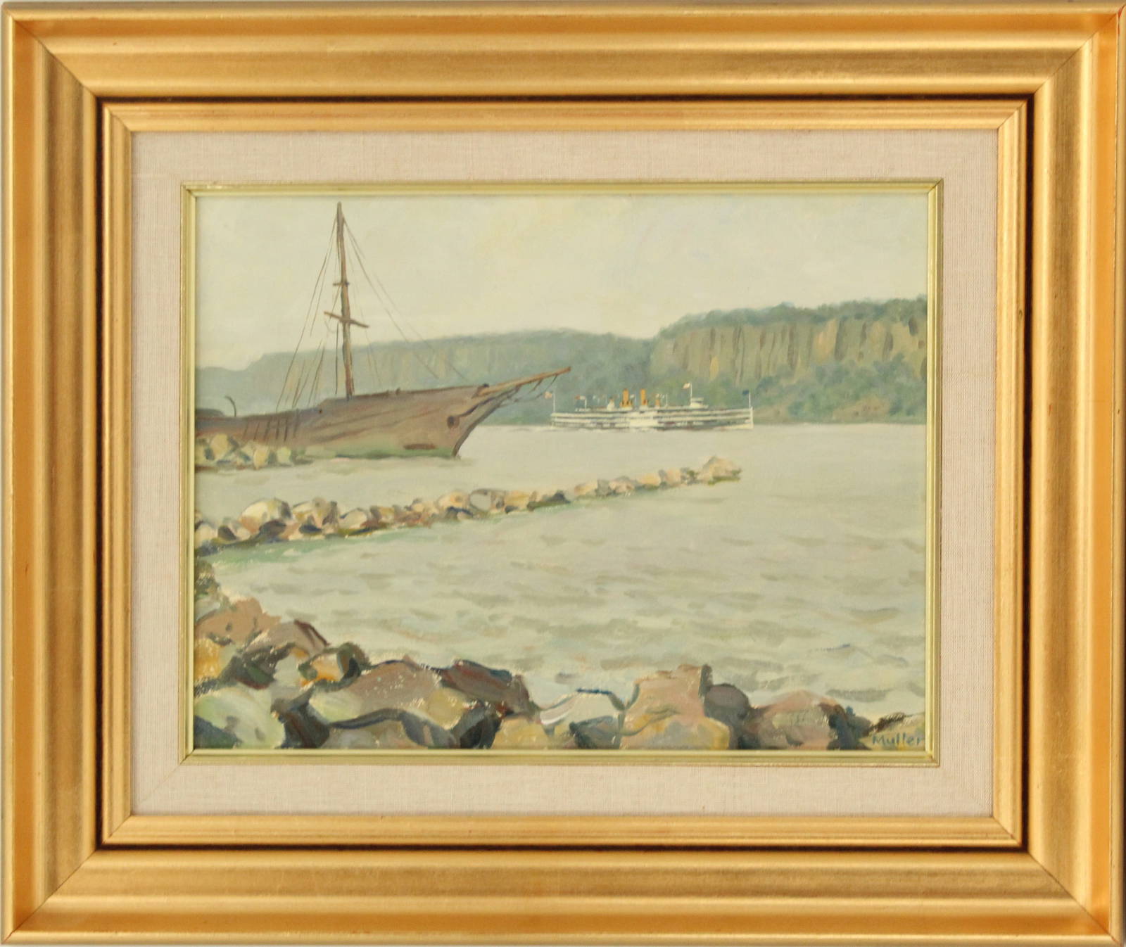 William G. Muller (born 1937) American, Hudson River Maritime Oil On ...