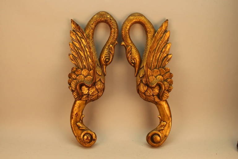Antique Gilt Carved Swan Figural Wall Mounts