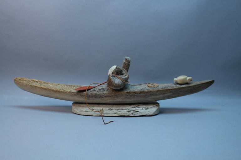 Large Inuit Eskimo Whale Bone Kayak W/ Hunter