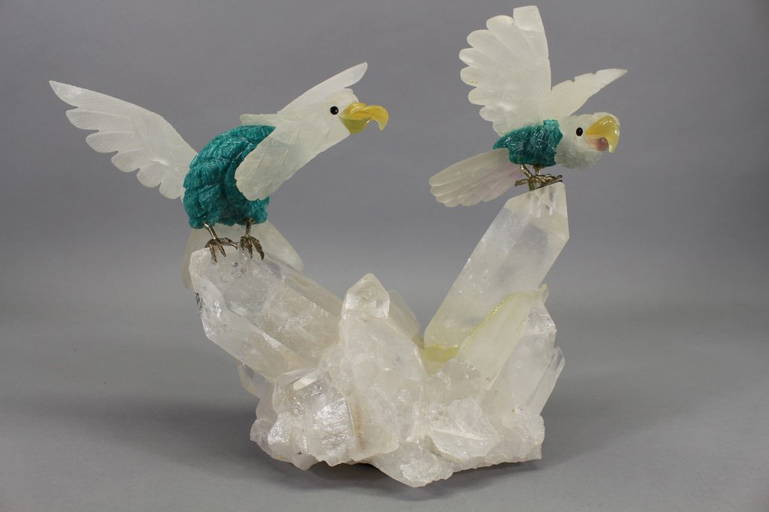 (2) Carved Stone Birds On Quartz Base