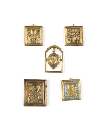 Five Small Brass Icons Showing Images Of The Mother Of