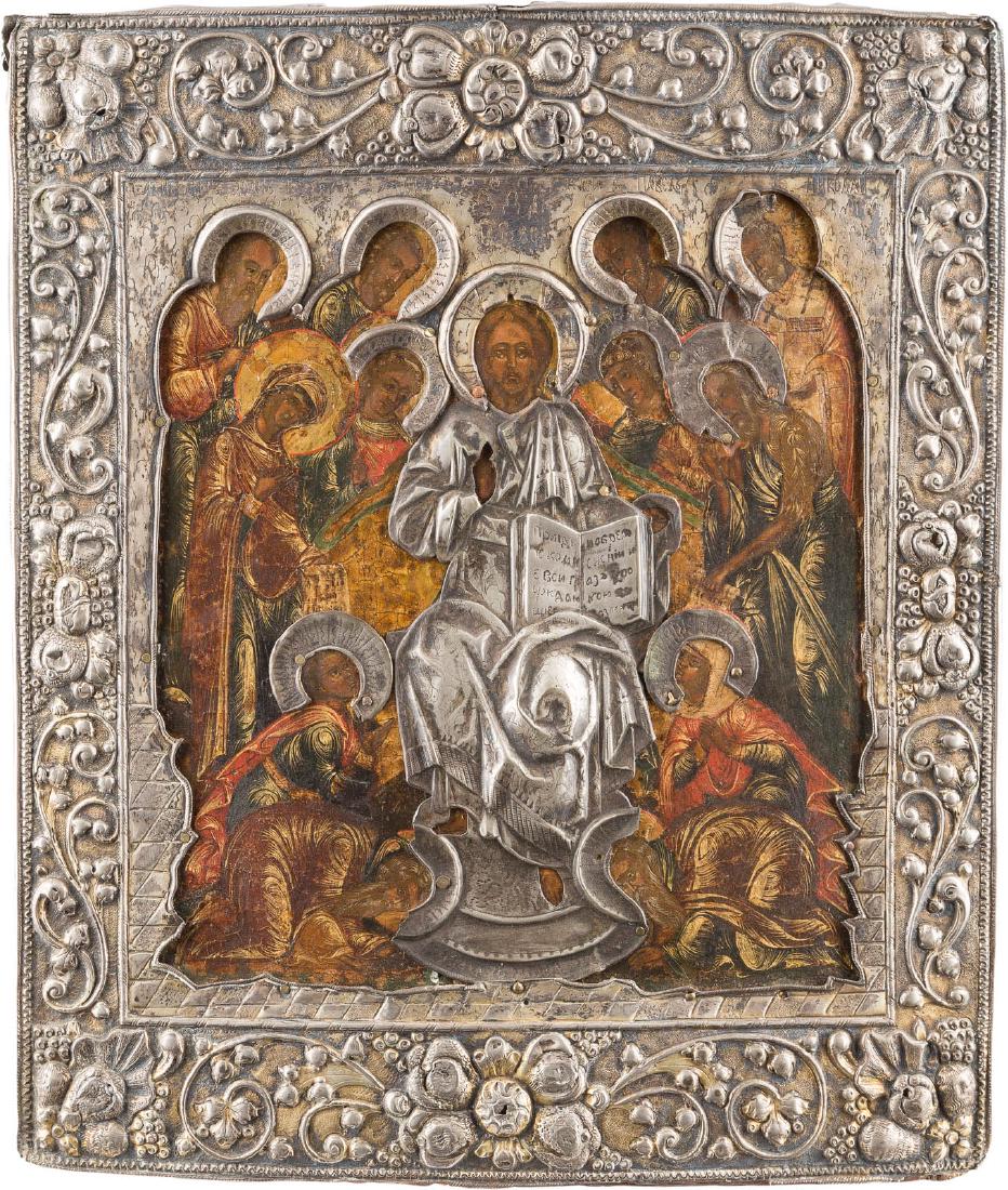 AN ICON SHOWING AN EXTENDED DEISIS WITH SILVER-GILT