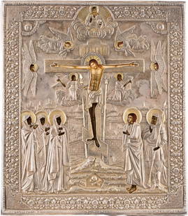 A Large Icon Of The Crucifixion Of Christ With Ten