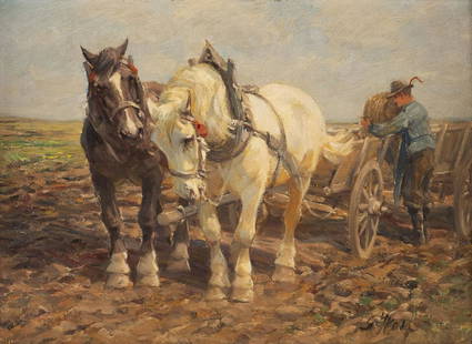 Georg Wolf, "tending The Horses" Oil On Panel