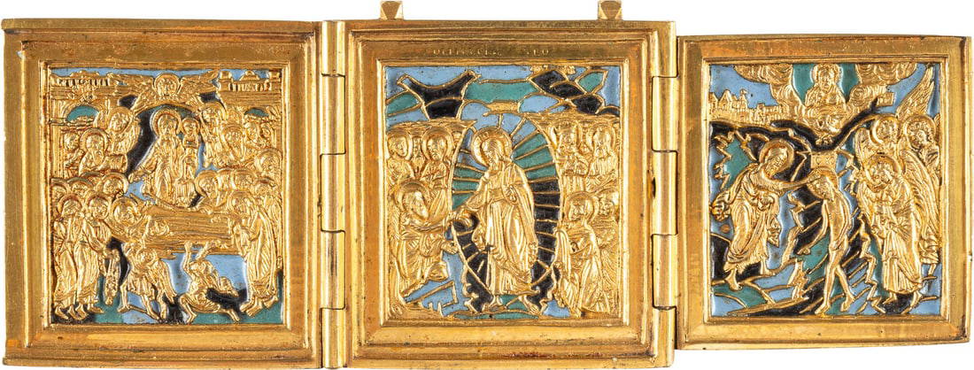 A Triptych Showing The Descent Into Hell Flanked By The Dormition Of ...