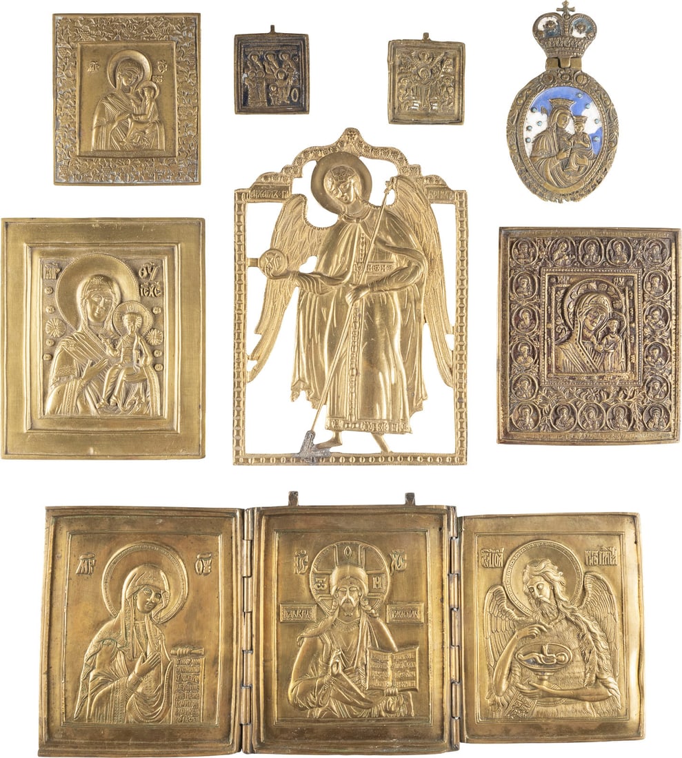 Eight Brass Icons Showing Images Of The Mother Of God, The Deisis, The ...