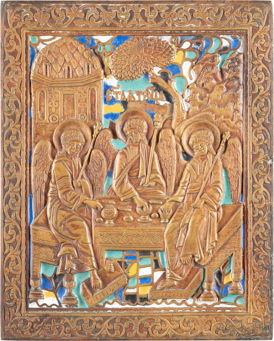 A Large Brass And Enamel Icon Showing The Old Testament Trinity Auction