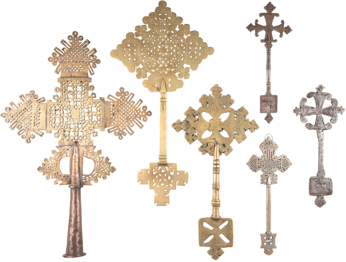 A Collection Of Five Coptic Hand Crosses And A Processional Cross Auction