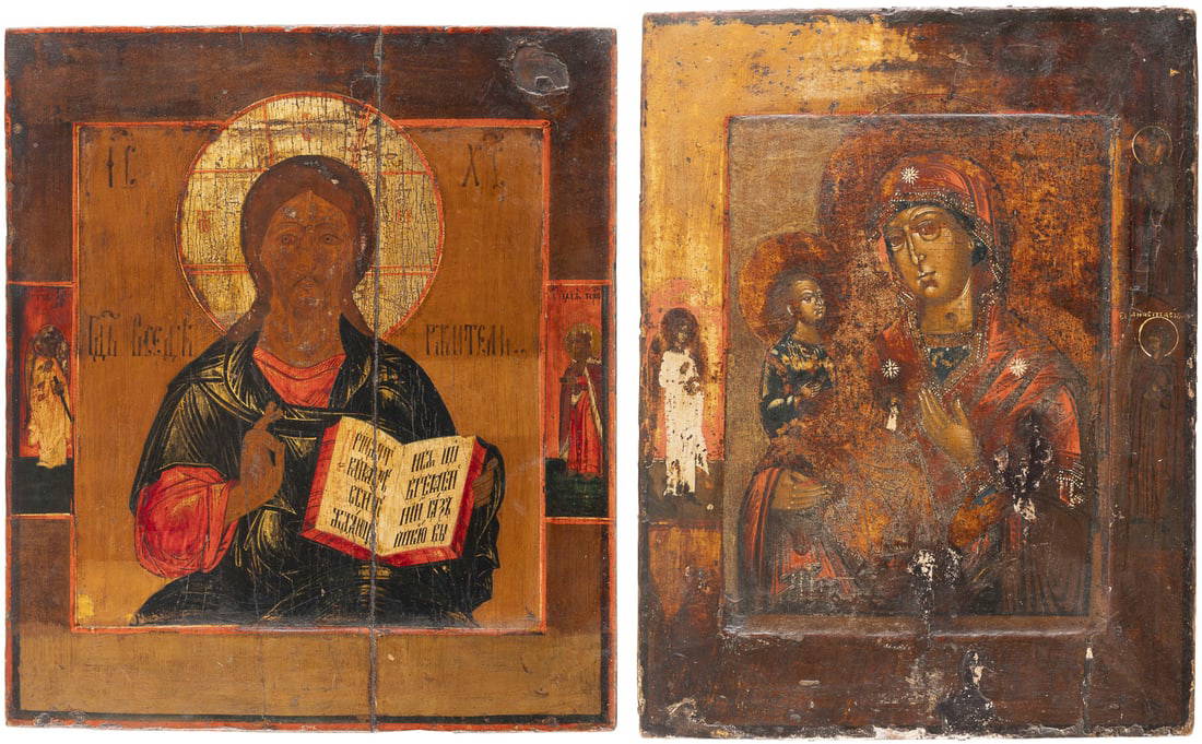 Two Icons Showing Christ Pantokrator And The Three-handed Mother Of God Auction