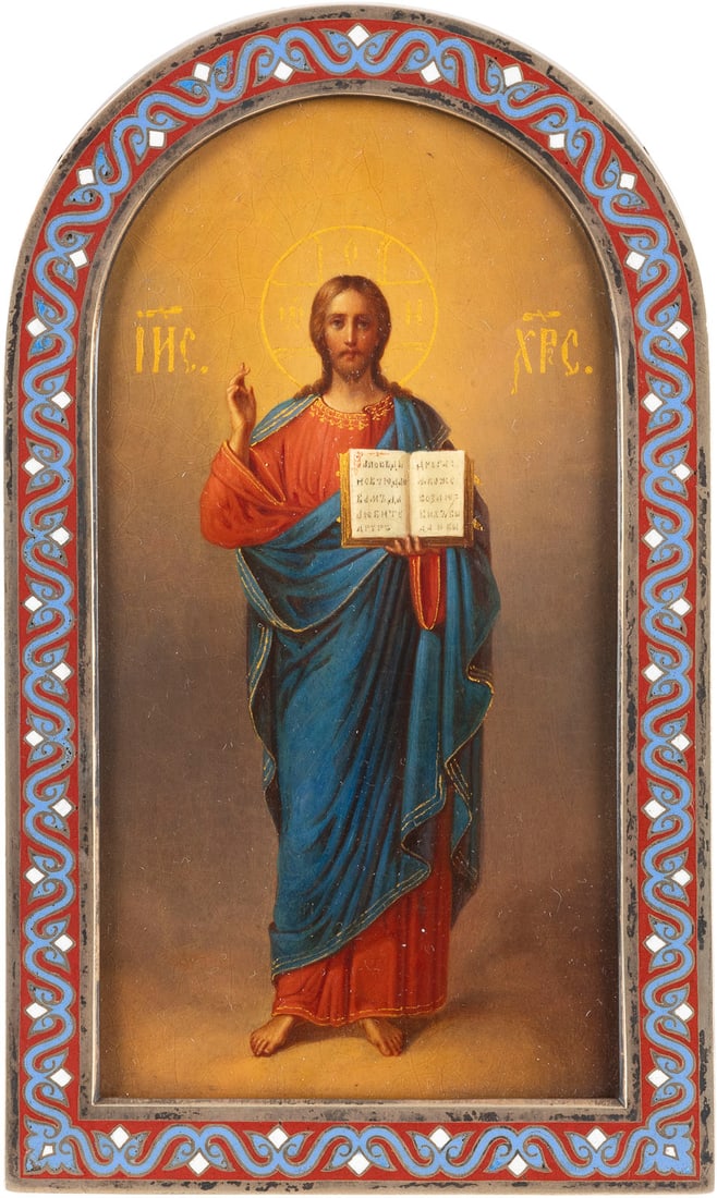 A Very Fine Icon Showing Christ The Saviour With A Silver-gilt And ...