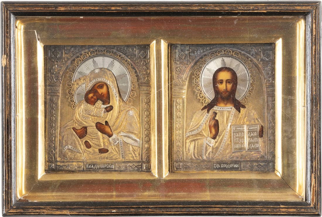 A Pair Of Small Wedding Icons Showing Christ Pantokrator And The Vladimirskaya Mother Of Auction