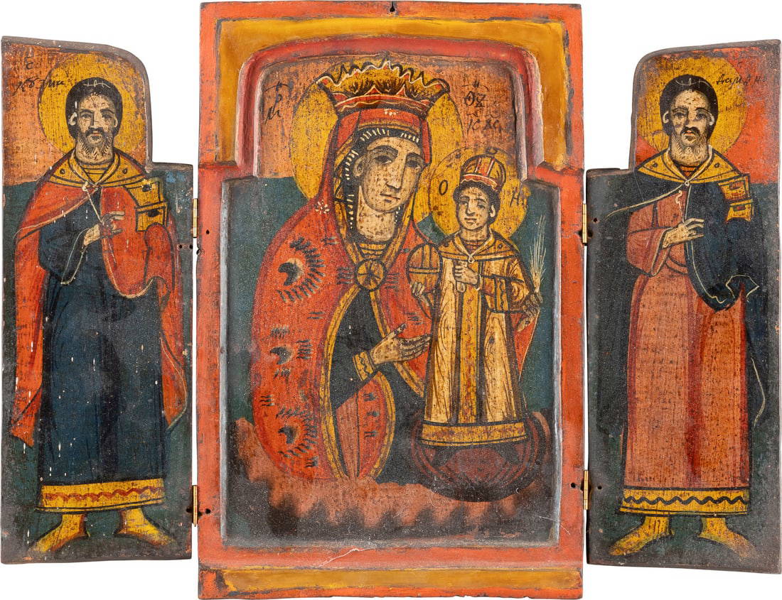 A Triptych Showing The Mother Of God 'the Unfading Rose' And Two Saints ...