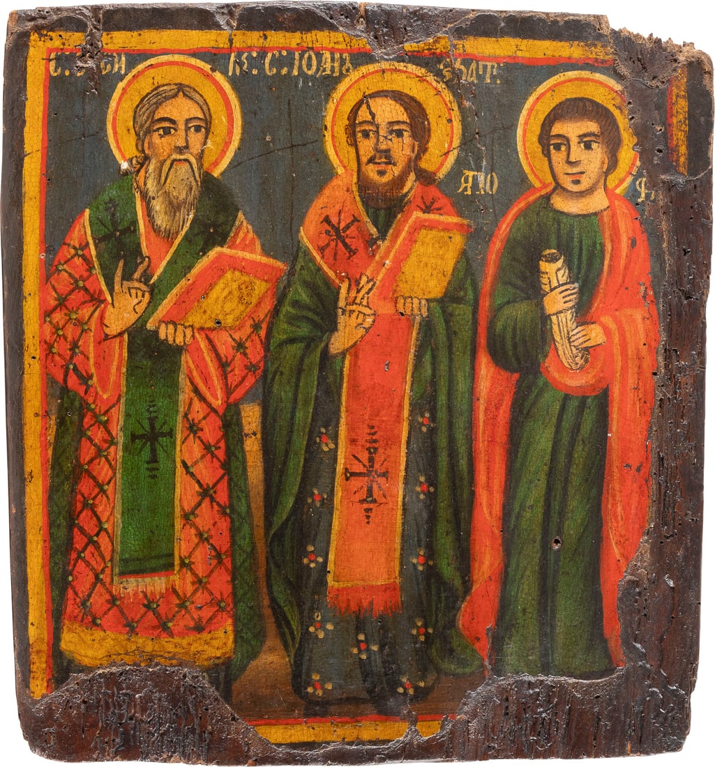 An Icon Showing Three Saints, Sts. Basil The Great And John Chrysostom ...