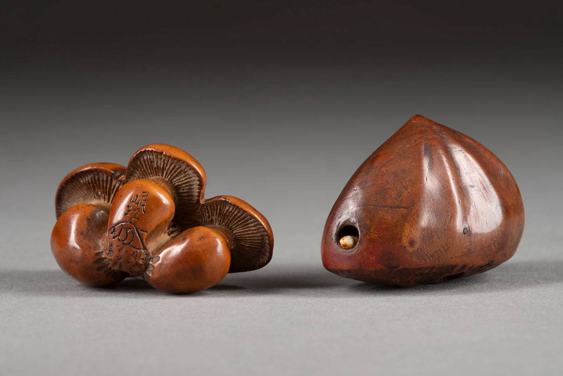 Two Wood Carved Netuske Auction