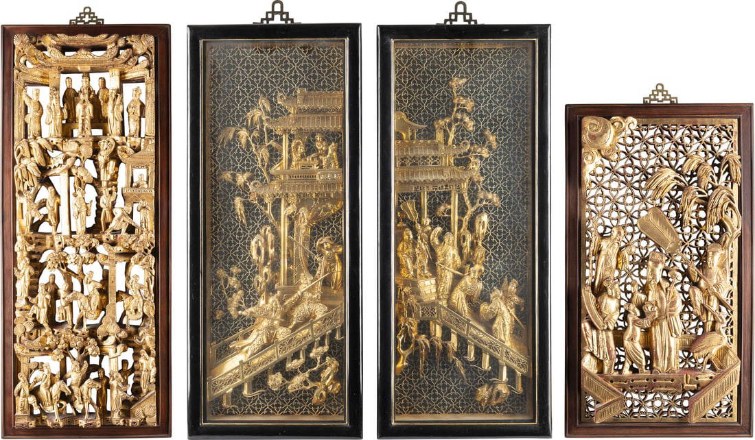 Four Gold Lacquered Wood Relief Panels Auction