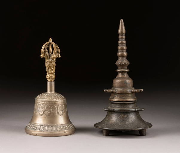 A Bronze Ghanta And A Bronze N Pagoda Form Ink Pot