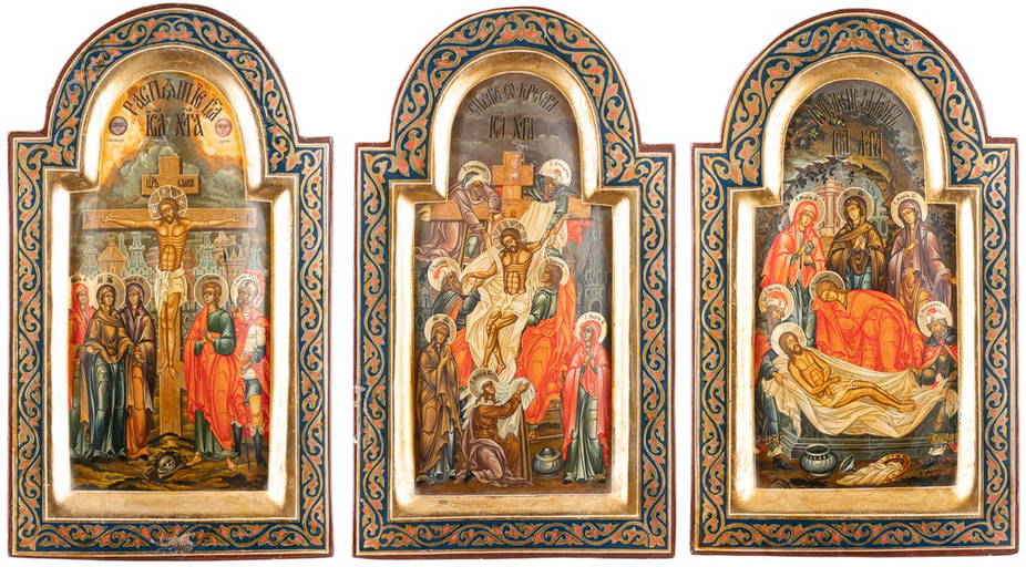 Drei Grosse Ikonen Mit Der Kreuzigung, Der Kreuzabnahme Und Grablegung Christi
