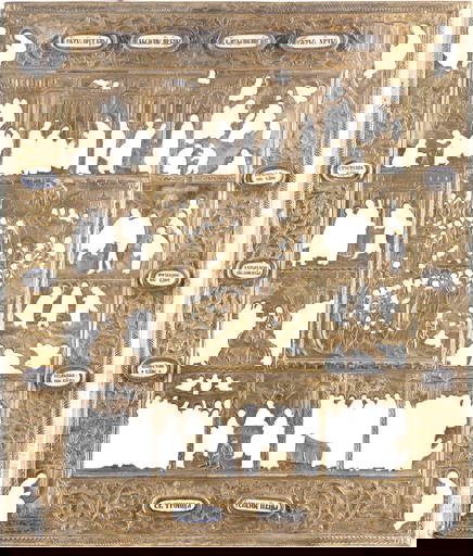 Grosses Vermeil Oklad Einer Ikone Mit Der Auferstehung Und Höllenfahrt Christi Mit Zwölf