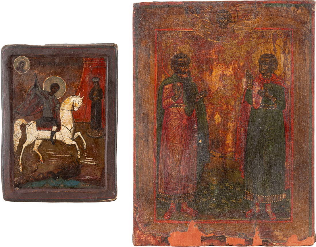 Zwei Ikonen: Heiliger Georg Der Drachentöter Und Die Heiligen Florus Und Laurus Auction