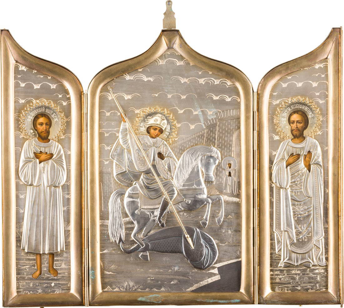 Grosses Triptychon Mit Dem Heiligen Georg Dem Drachentöter Flankiert Von Den Heiligen Alexius ...