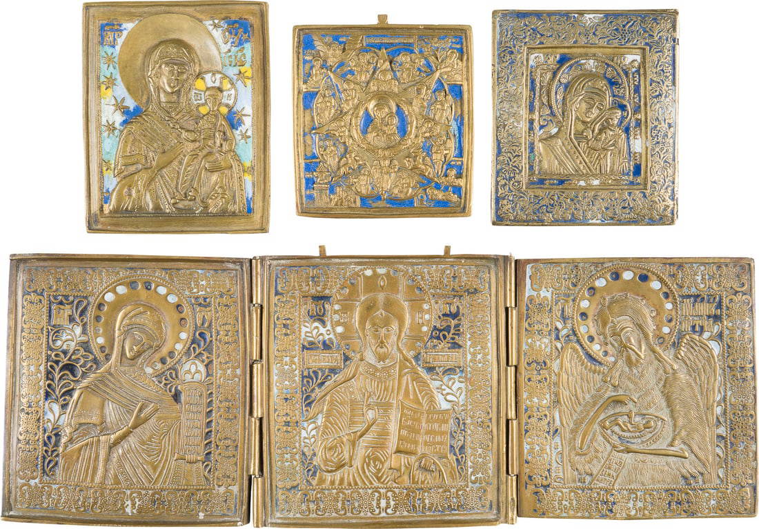 A Collection Of Four Brass Icons Including Images Of The Mother Of God ...