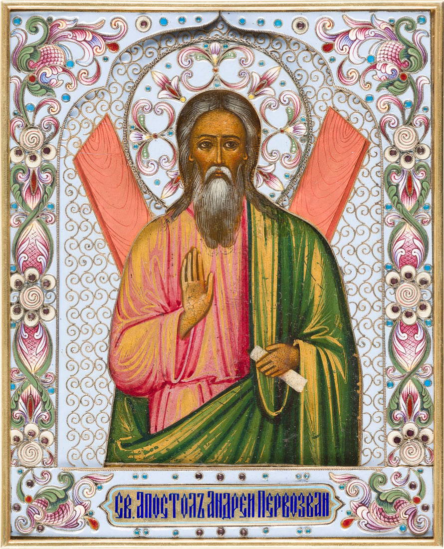 A Small Icon Of St Andrew The Apostle, With A Silver-gilt And Cloisonné ...