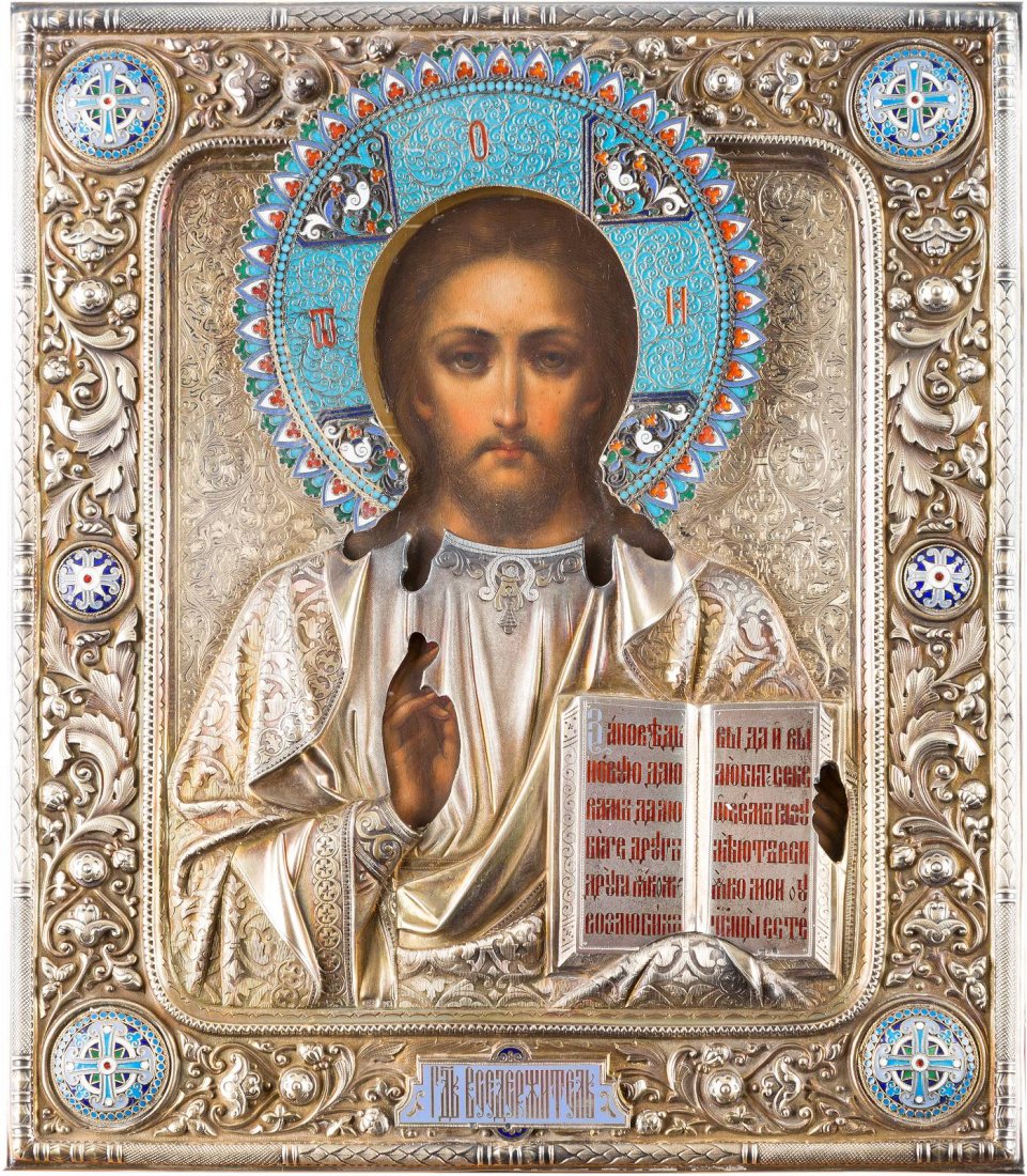 A VERY FINE ICON OF CHRIST PANTOKRATOR WITH SILVER-GILT