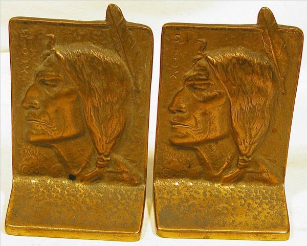 Vintage Brass Souix Indian Bookends, Artist Signe