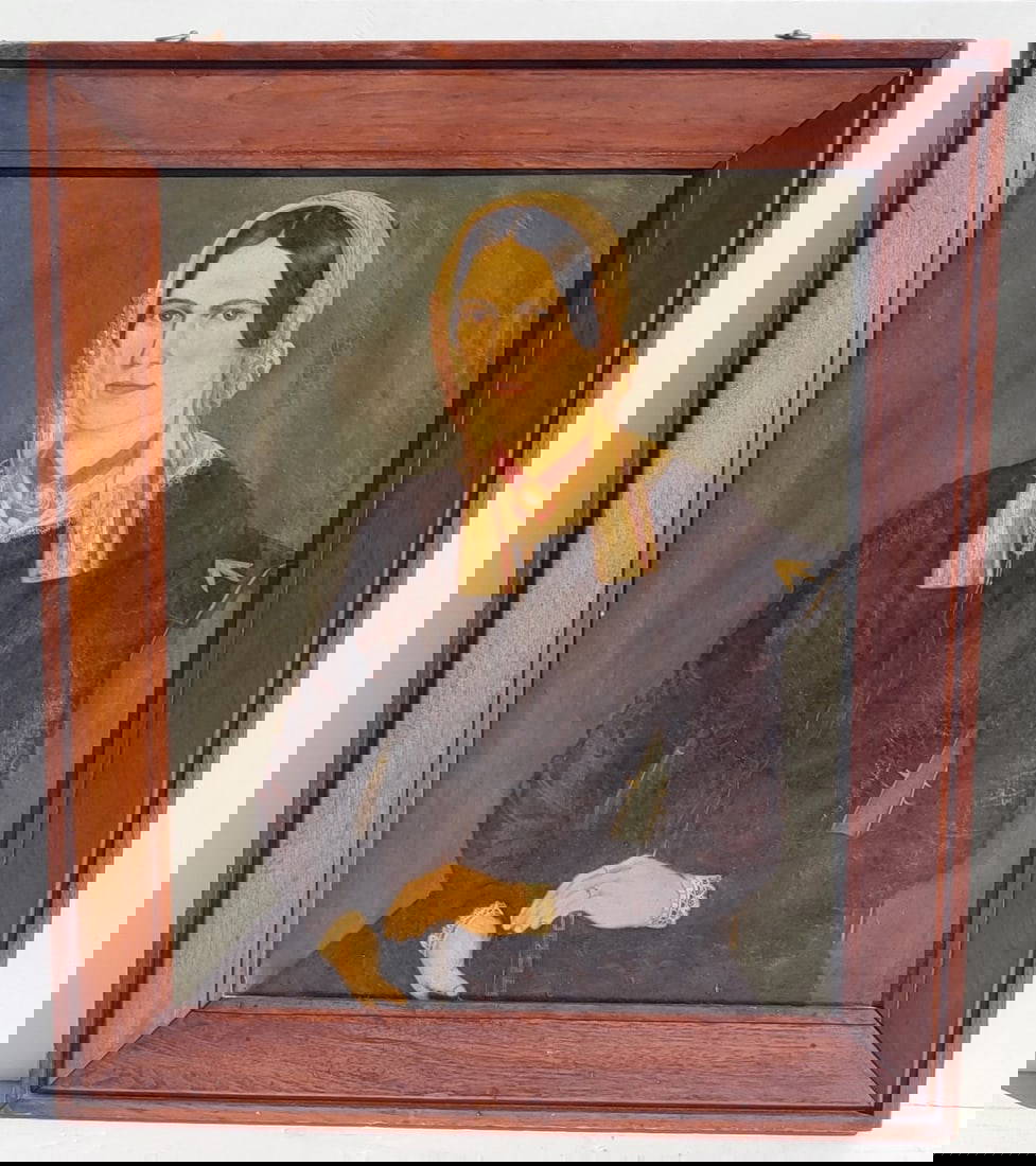 Early 19c Itinerant Folk Art Portrait Lady Woman With Jewelry In ...