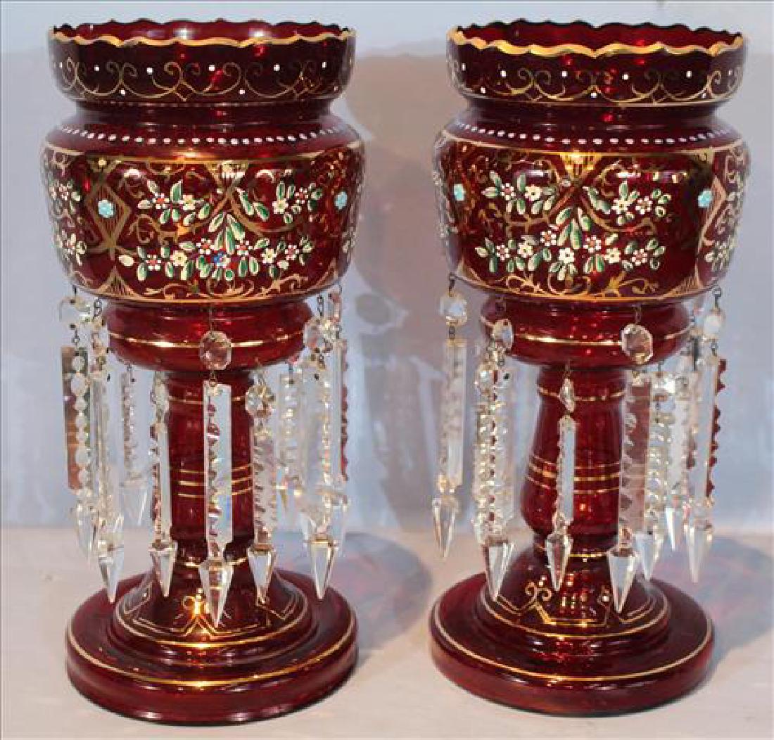 Pair ruby red mantle lusters with double row prisms, 14