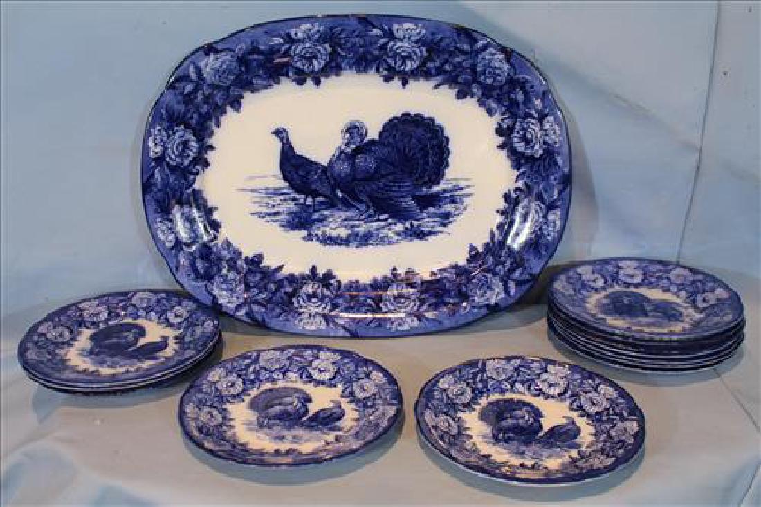 Rare flow blue turkey set by Villeroy & Boch, Germany