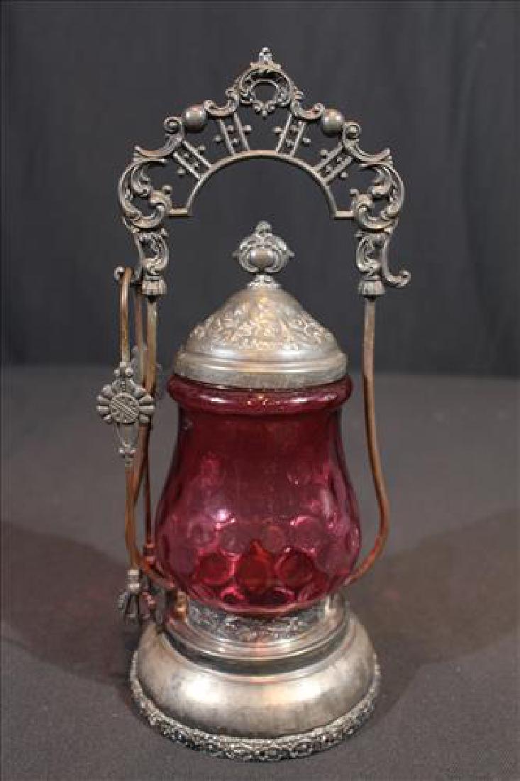 Silver-plate Victorian pickle caster with cranberry