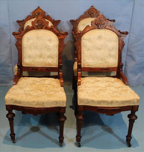 Set Of 4 Walnut Eastlake Victorian Side Parlor Chairs