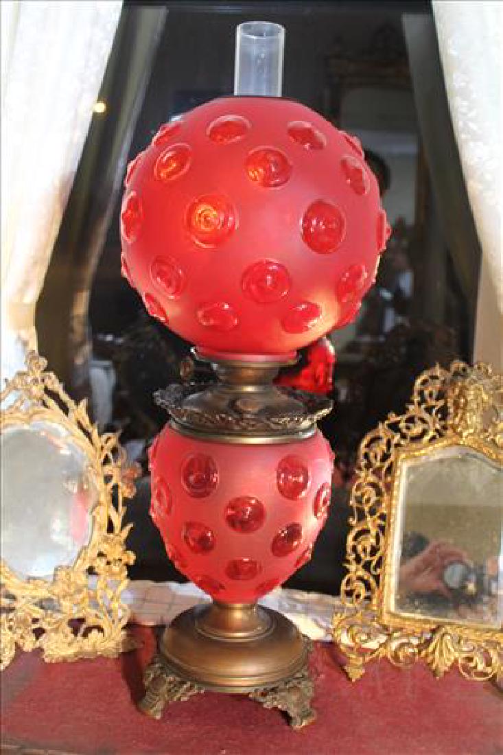 Red satin glass gone with the wind lamp, 28 in. T.