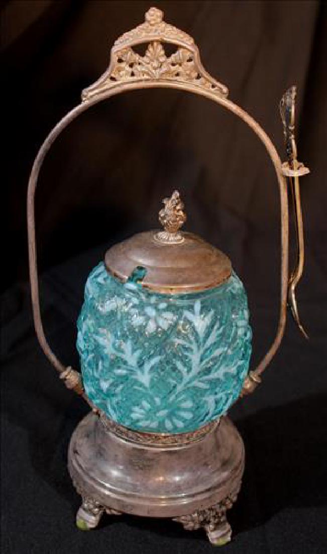 Victorian silver-plate pickle caster with blue insert