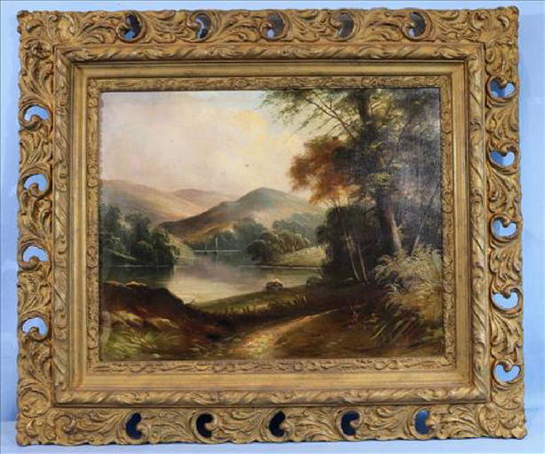 Antique Oil On Canvas Of River Signed F Rutter