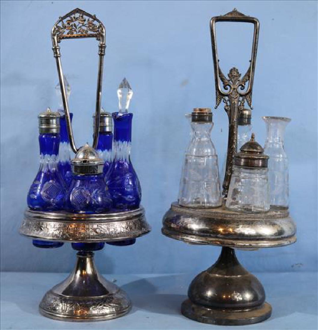 2 Victorian silver-plate cruet sets with blue bottles,